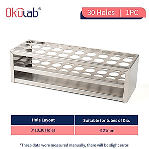 Okulab Test Tube Rack, 30 Holes Stainless Steel Test Tube Racks, with Extended Edges Providing Handles, Suitable for Tubes of Dia.≤21mm, Round Holes Test Tube Holder, for Classroom, Lab,TTRS30B1