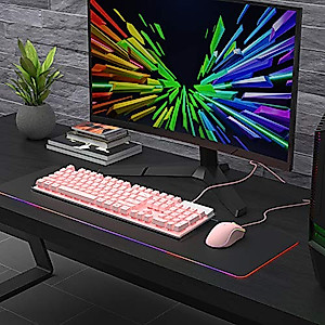 Gaming Keyboard and Mouse Combo, K1 7 Colors LED Backlit with 104 Keys Computer Keyboard for PC/Laptop (White & Pink)