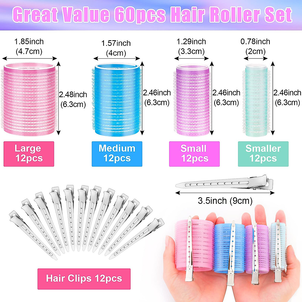 Cludoo Hair Roller Set of 60 PCS with Duckbill Clips, Includes 4 Sizes (Jumbo, Large, Medium, Small) and 4 Colors, for DIY or Hair Salon, Acrylic Material, for Long Medium Short Hair