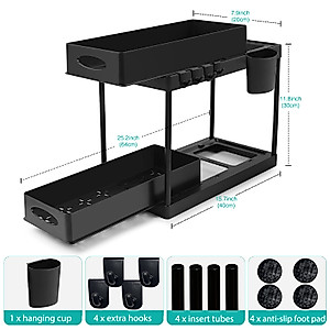 Under Sink Organizer, Double Pull-out Cabinet Organizer, 2-Tier Sliding Under Storage Drawer Shelf Basket with Hooks Hanging Cup for Kitchen Bathroom