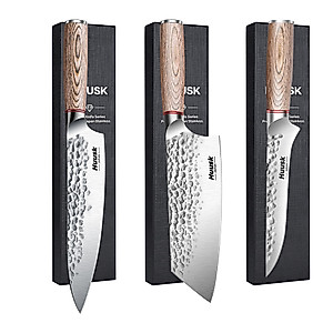 Huusk Professional Kitchen Knife Set Japanese Santoku Knife High Carbon Steel Vegetable Meat Knife with Ergonomic Pakkawood Handle and Gift Box for Family Restaurant