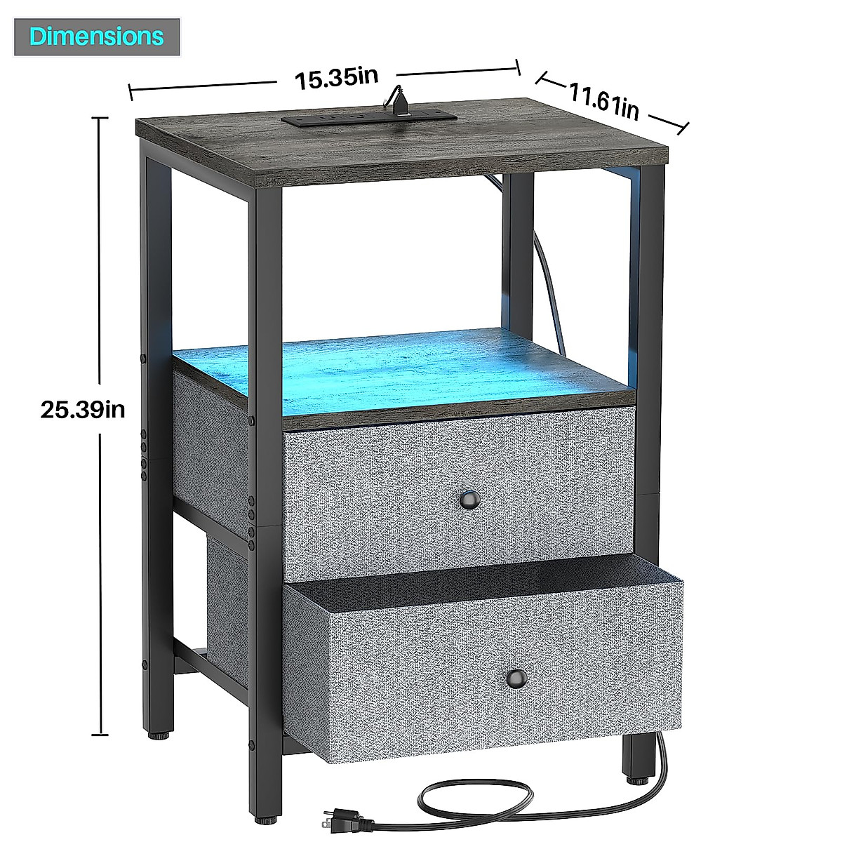 Cyclysio NightStands Set of 2 with LED Lights, Night Stand with Charging Station, 25.6'' Bedside Tables with 2 Drawers for Bedroom Living Room, Grey