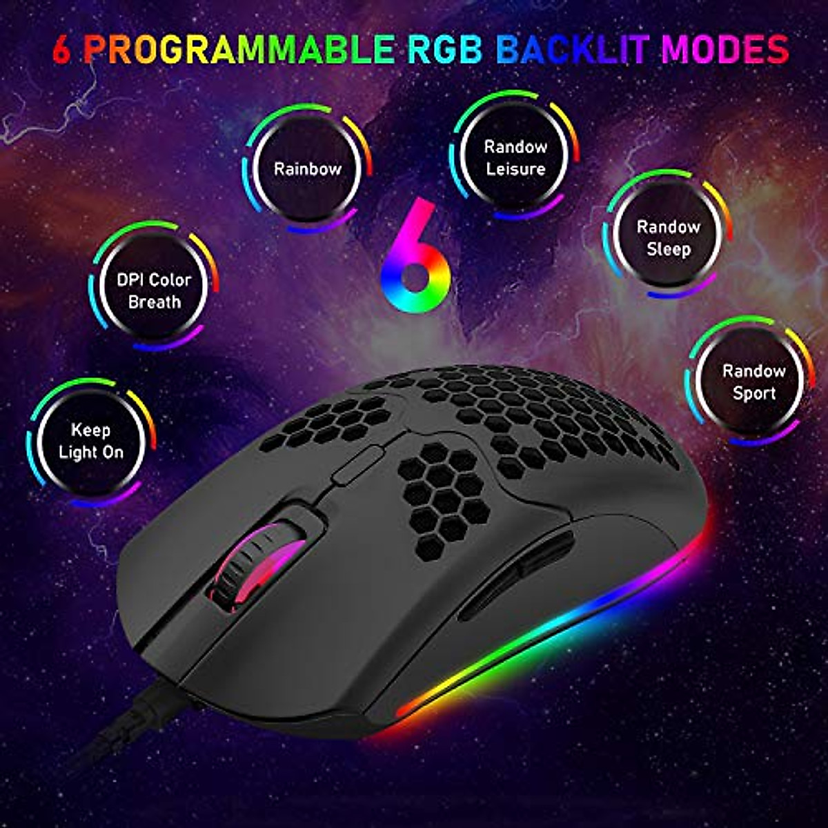 Wired Lightweight Gaming Mouse,6 RGB Backlit Mouse with 7 Buttons Programmable Driver,6400DPI Computer Mouse,Ultralight Honeycomb Shell Ultraweave Cable Compatible with PC Gamers,Xbox,PS4 (black)