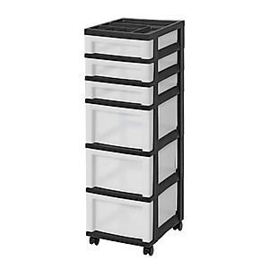 Storage Drawer Tower 6-Drawer Plastic Storage Cart with Organizer Top and Wheels, Clear/Black