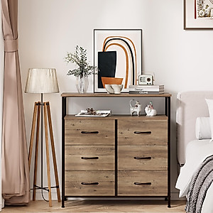 BOTLOG Fabric Dresser for Bedroom with 6 Drawers, Dresser TV Stand with Open Shelves, Chest of Drawers for Closet, Clothes, Wood Top, Fabric Drawers