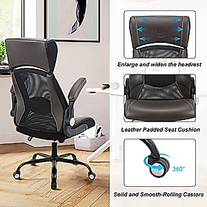 Executive Office Chair, Ergonomic Leather Desk Chair - Widened Adjustable Headrest with Flip-Up Arms, High Back Computer Swivel Task Chair with Lumbar Support for Home Office, Brown (Brown, Large)