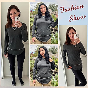 WOWENY Women Fleece Thermal Long Sleeve Workout Shirts Athletic Yoga Gym Tops Loose Fit Quick Dry Running Shirts with Thumb Holes Dark Grey XL