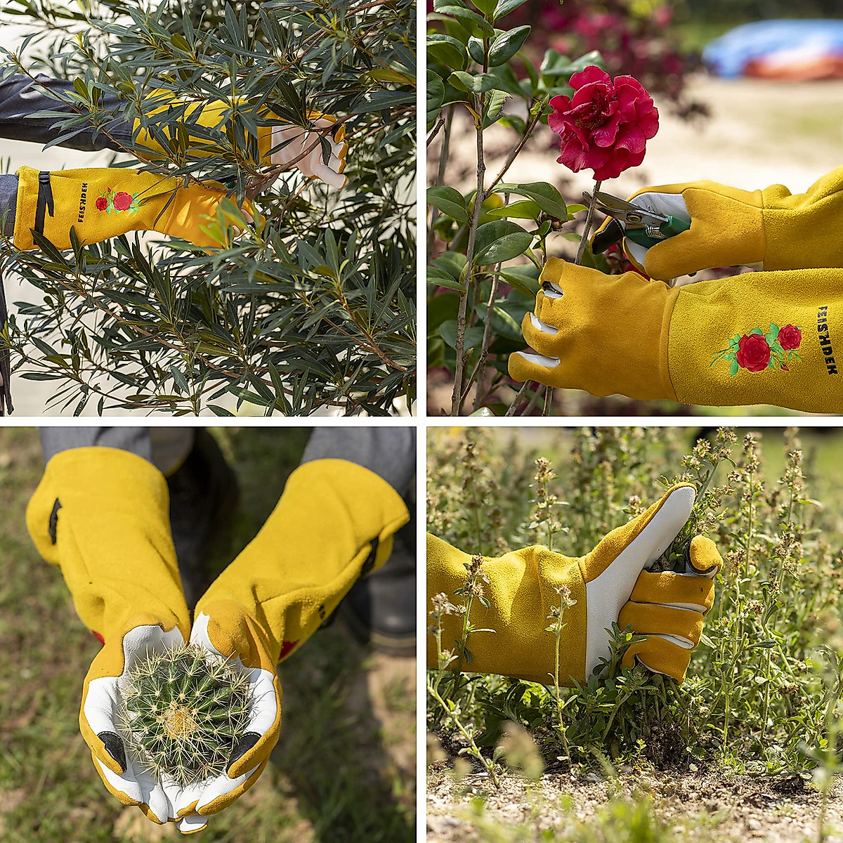 FEISHDEK Garden Gloves Women/Men Thorn Proof, Deerskin Suede, 2 Layers Leather Rose Pruning Long Gardening Gloves for Cactus Handling (Medium - Long Sleeve, Yellow)