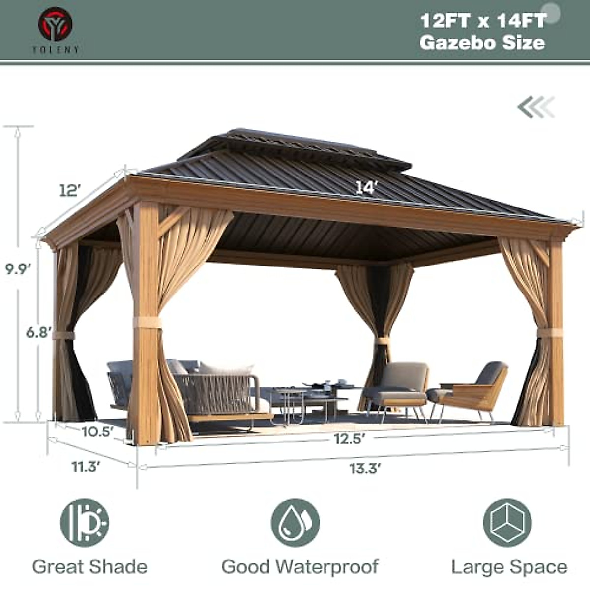 YOLENY 12' x 14' Hardtop Gazebo Wood Grain Gazebo with Galvanized Steel Double Roof, Aluminum Frame, Outdoor Patio Hardtop Gazebo with Netting and Curtains for Deck, Backyard, Patio, Lawns