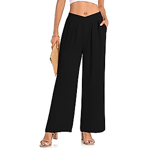 UEU Women's Wide Leg Lounge Pants with Pockets Lightweight Crossover Elastic High Waisted Loose Trousers (Black, L)