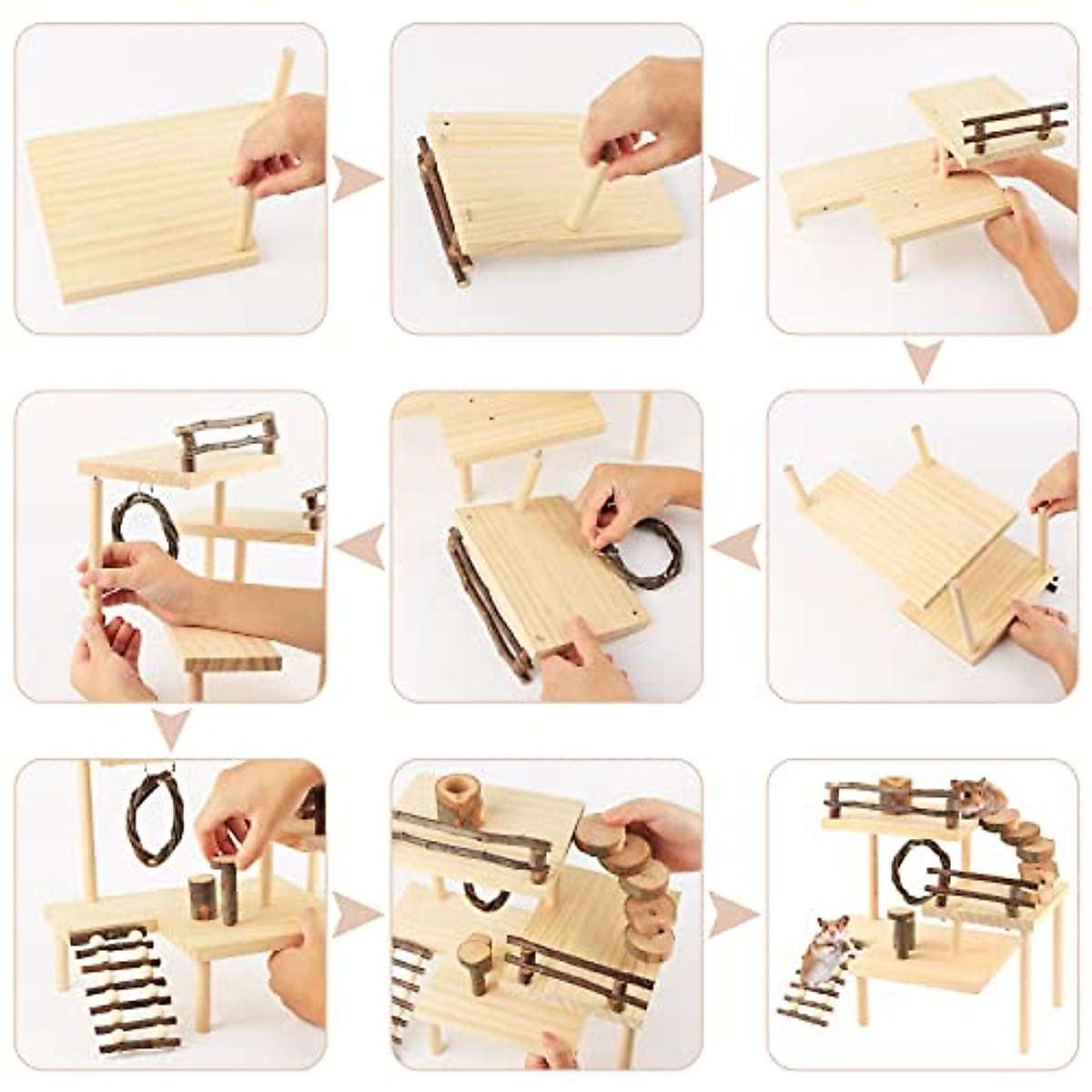 HOSUKKO Hamster Climbing Toys 3-Tier Extra Large Hamster Playground Natural Wooden Small Animal Platform Toys Hamster Exercise Activity Climbing Platform with Bridge for Gift