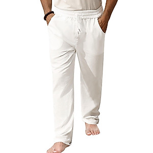 iWoo Pants with Elastic Waist Men Beach Linen Pants Drawstring Linen Pants White M