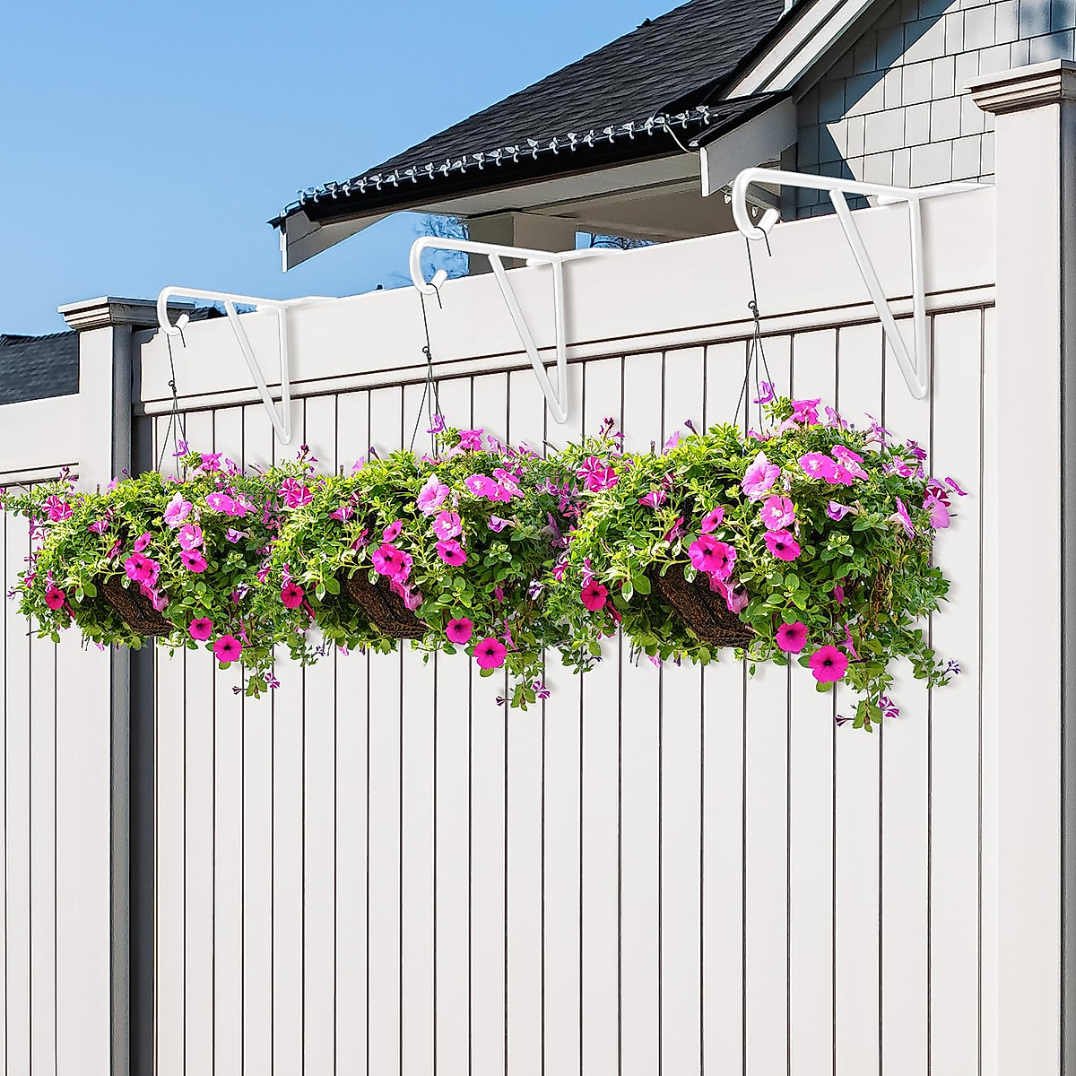 Gicare 4 Pack Vinyl Fence Hooks, Heavy Duty Durable White Fence Plant Hangers for Outdoor, Over The Fence Hooks, Patio Hooks for Hanging Plants, Flower Baskets, Bird feeders, Lights, Pool Equipment