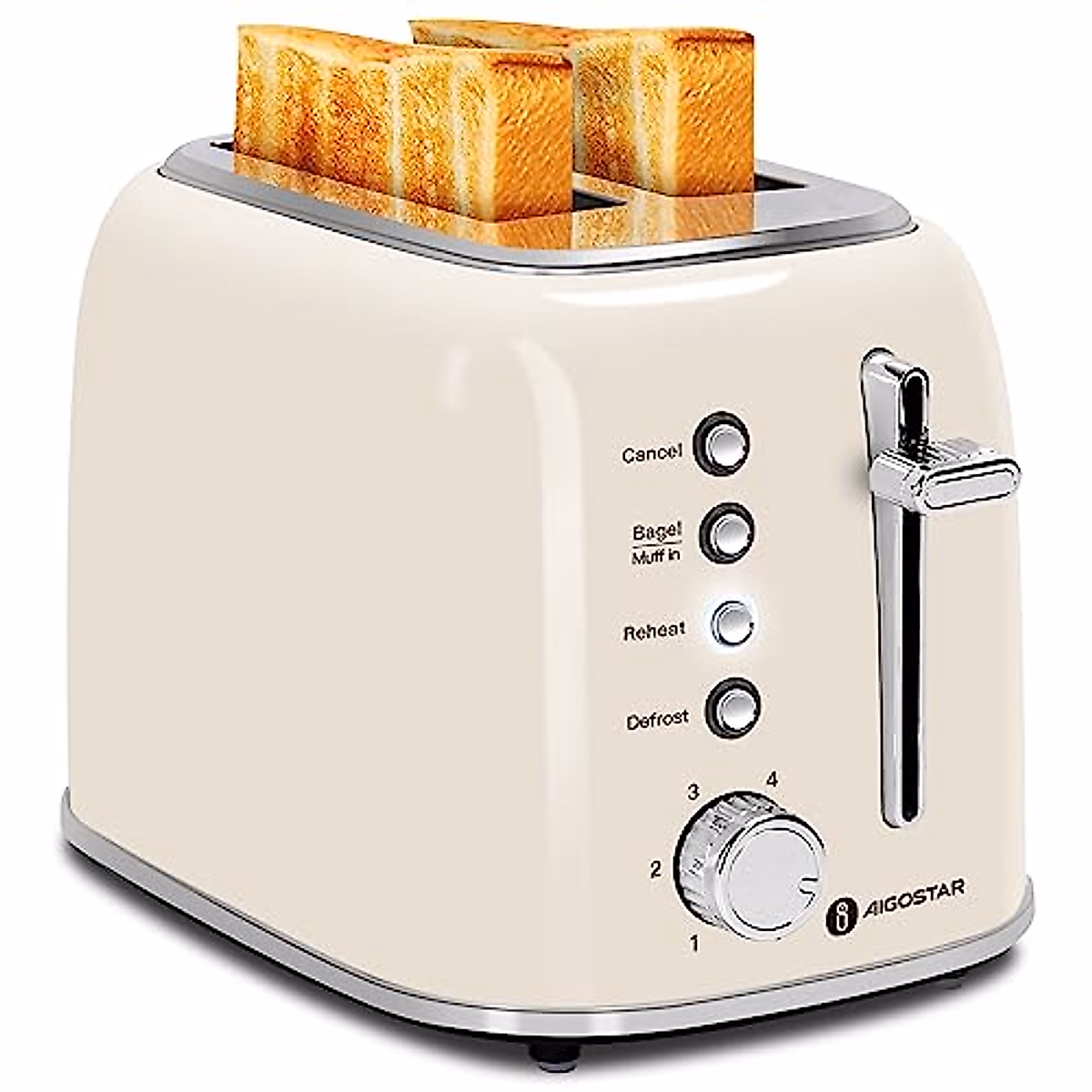 Aigostar Toaster 2 Slice, Retro Extra-Wide Slot Toasters Best Rated Prime for Toasting Bagels, Breads， Waffles & More, Cancel, Defrost & 6 Browning, Removable Crumb Tray, Stainless Steel, Cream White