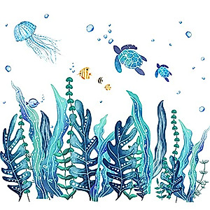 5 Sheets 3D Under The Sea Seaweed Wall Decals Sea Turtles Wall Stickers Ocean Grass Jellyfish Fish Removable Vinyl Wall Sticker for Kids Baby Bedroom Bathroom Living Room Wall Decor (Classic Style)