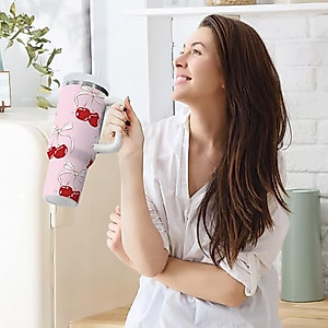 OTVEE 30oz Cherry Bow Tie Ribbon Tumbler with Handle and Straw, Double Wall Vacuum Reusable Stainless Steel Insulated Water Bottle Travel Mug Cup for Hot and Cold Drinks