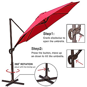 PRASLINA 10 FT Outdoor Patio Umbrella, Cantilever Outdoor Hanging Umbrellas with 360 Degree Rotation, Backyard, Garden Umbrellas with Crank & Cross Base, 8 Ribs(Red)