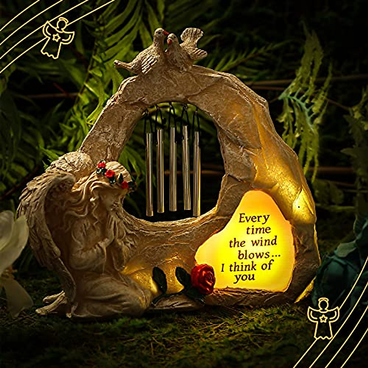 Praying Solar Angel Statue Sympathy Gift,Cementary Decoration Garden Angel Memorial Wind Chime Statue Cementary Sympathy Gift Solar Angel Resin Figurines Light for Home Decoration (Elegant Style)