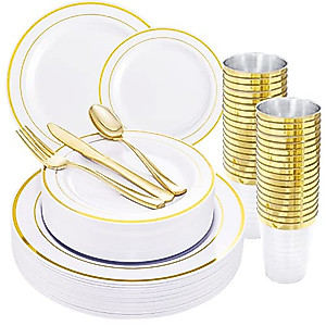 WELLIFE 96 Pcs Gold Plastic Plates, Disposable Gold Silverware and Cups, Gold Dinnerware Set Perfect, Includes: 16 Dinner Plates 10.25", 16 Dessert Plates 7.5", 16 Cutlery