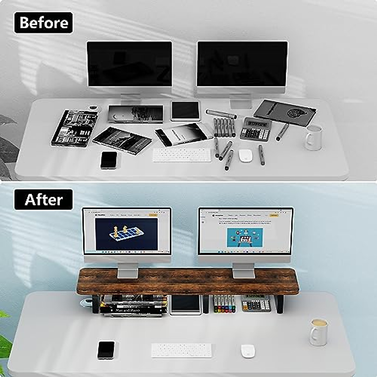 Zimilar Dual Monitor Stand Riser, Large Wooden Computer Monitor Stand with Storage for Office Accessories (Rust Brown)