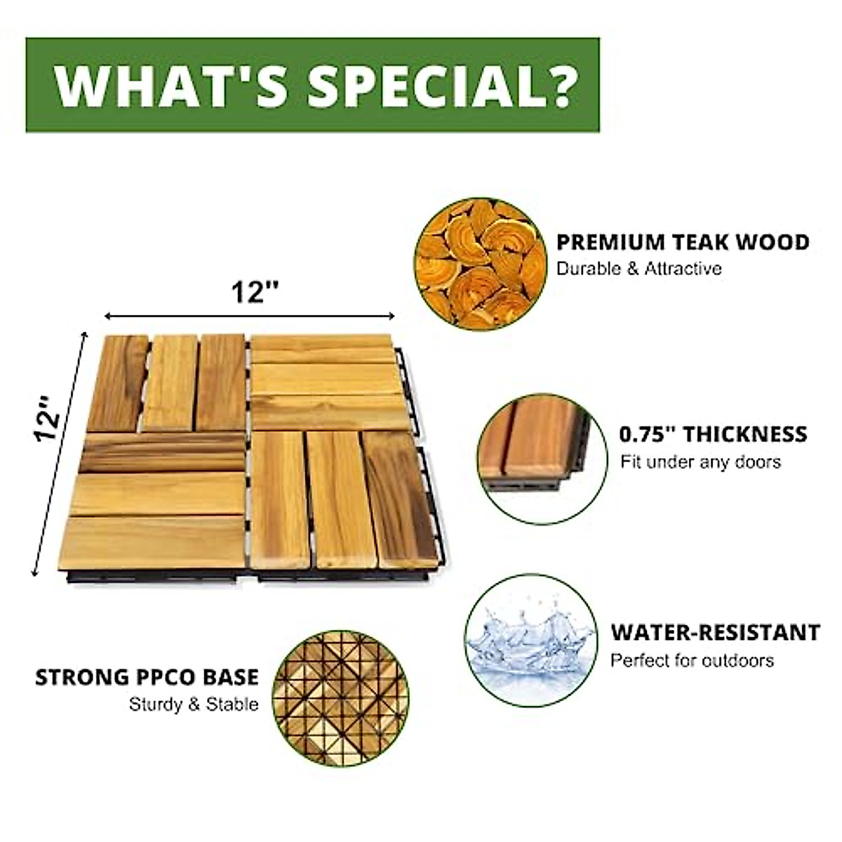 BEEFURNI Teak Interlocking Deck Tiles (10PCS 12"x 12"), Hardwood Outdoor All Weather, Wood Tile for Balcony, Backyard, Hot Tub Decor, 1-Year Warranty