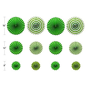 ONUPGO Green Paper Fan Decorations Set -12PCS Hanging Paper Fans Flower Set, Mexican Fiesta Kids Round Pattern Paper Garlands Party Favor Banner for Wedding Birthday Baby Shower Event Accessories