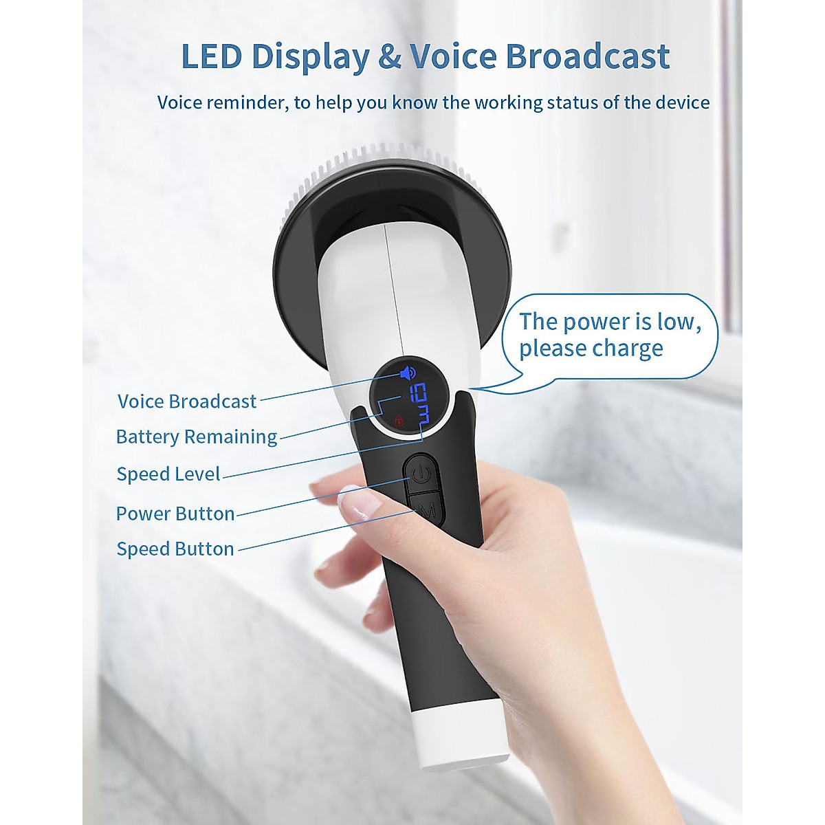 Electric Spin Scrubber, Cordless Shower Cleaning Brush with 8 Replaceable Brush Heads, 3 Adjustable Speeds, Detachable & Extendable Long Handle Scrubber for Bathroom Floor Tile, Voice Broadcast