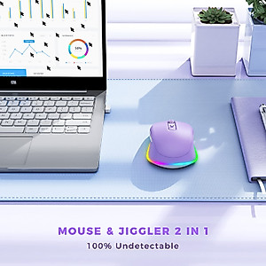 Wireless Mouse Jiggler - LED Wireless Mice with Build-in Mouse Mover, Rechargeable Moving Mouse for Laptop with Undetectable Random Movement Keeps Computers Awake - Purple