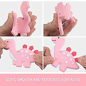 Baby Teething Toys for Babies 3-6 6-12 Months, Dinosaur Teether Pain Relief Toy with One Piece Design Pacifier Clip Holder Set, Freezer Safe Neutral Shower Gift for Boys and Girls (Pink)