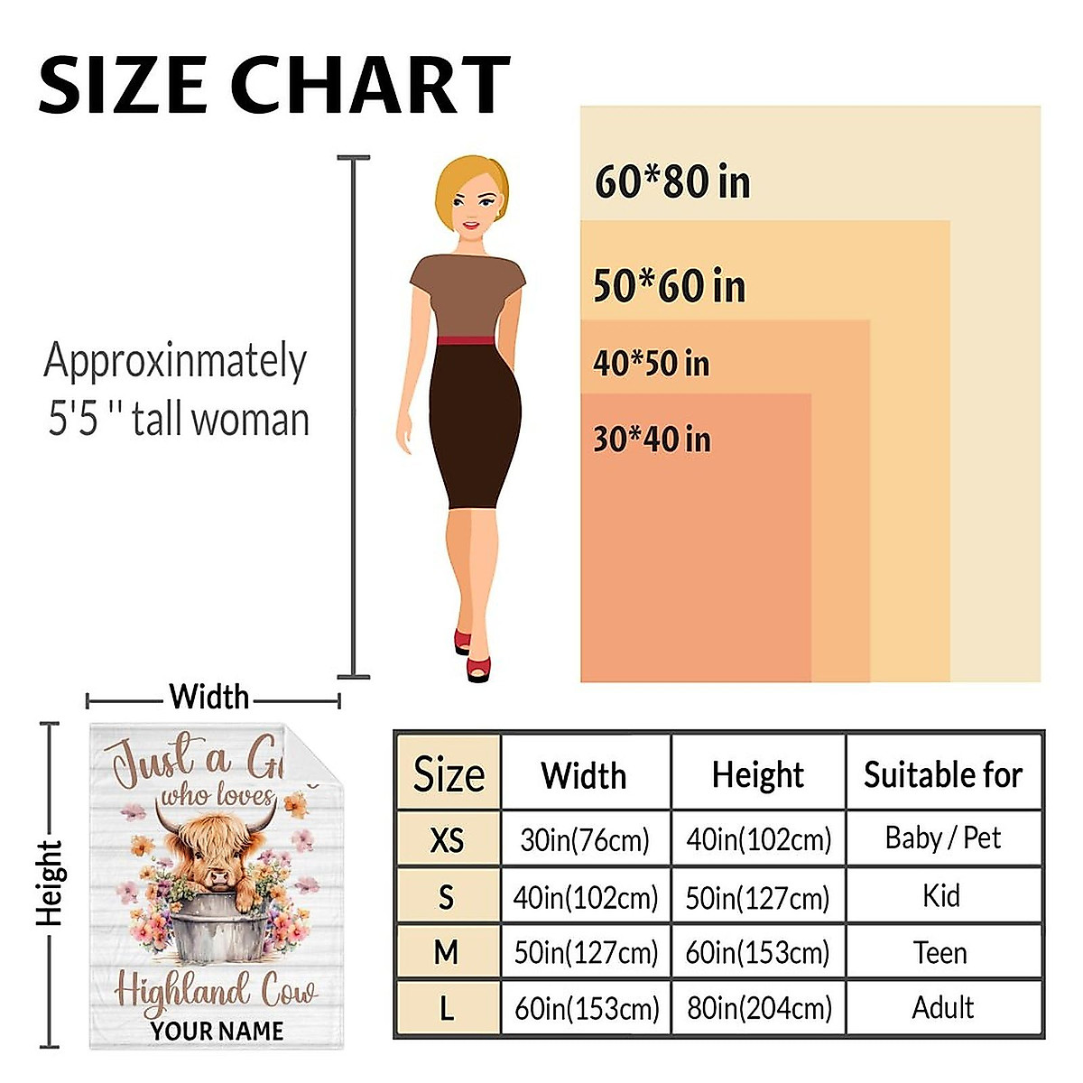 Custom Highland Cow Blanket with Name for Kids, Aldults - Soft, Fuzzy & Cozy - 50"x60" Throw Size Blankets for Sofa, Work - White Cute Warm Throw Blankets Gifts