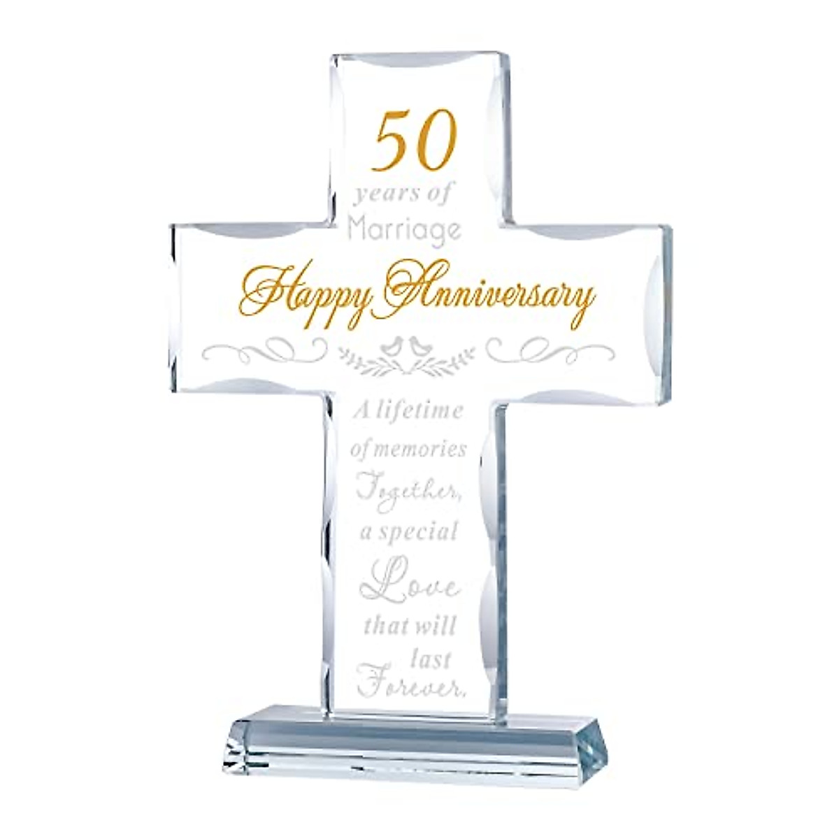 YWHL 50th Wedding Anniversary Religious Gifts for Parents, Laser Engraved Glass Standing Cross Keepsake for Couple, 50 Years of Marriage Cross Present