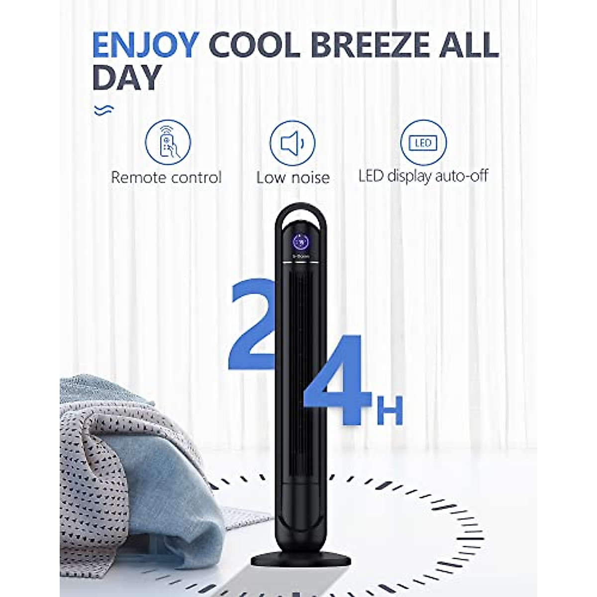 Tower Fan with Remote, G-Ocean 45 Inch Oscillating Fan, Bladeless Fans with 24H Timer, 3 Speeds, 3 Modes, LED Display, Cooling Standing Floor Fan for Bedroom Living Room Home Office, Meteorolite Black