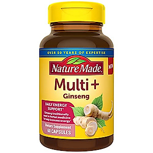 Nature Made Multi + Ginseng, Multivitamin for Women and Men, Daily Energy Supplement, One Per Day, 60 Capsules