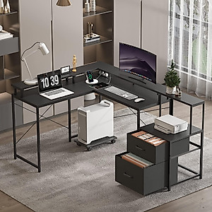 WASAGUN L Shaped Desk with 2 Fabric Drawers, Power Outlet & USB Ports, Corner Gaming Desk with LED Light, Reversible Computer Desk with Monitor Stand & Hook, Home Office Work Desk, Black