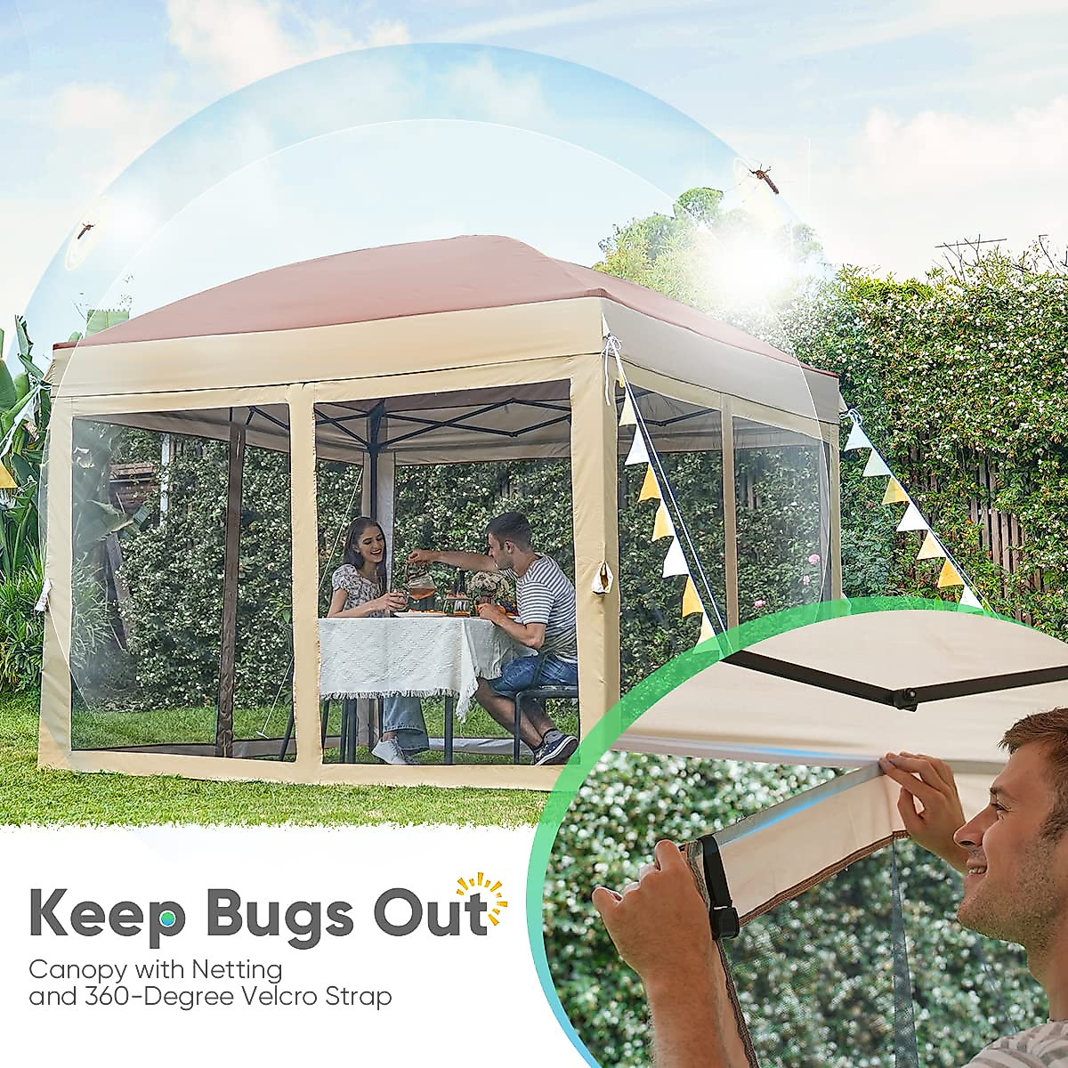 Quictent 6.6’x6.6’ Pop up Canopy Tent with Netting, Instant Setup Screen House Room Tent Screened- 4 Magnetic Doors, Waterproof (Khaki)