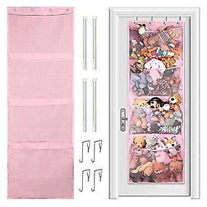 UUGLAM Stuffed Animal Storage Holder with 4 Large Pockets，Over The Door Hanging Organizer Storage, Idea for Closet, Plush Toy,Nursery, Bedroom, Bathroom, Kids Room (Pink)