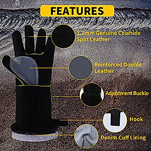 662℉ Leather Welding Gloves for Women Man, Long Sleeve Work Heat Resistant Fire Gloves Oven Mitts for Tig Mig Stick BBQ Fireplace Animal Handling, Wood Stove Tools Accessories