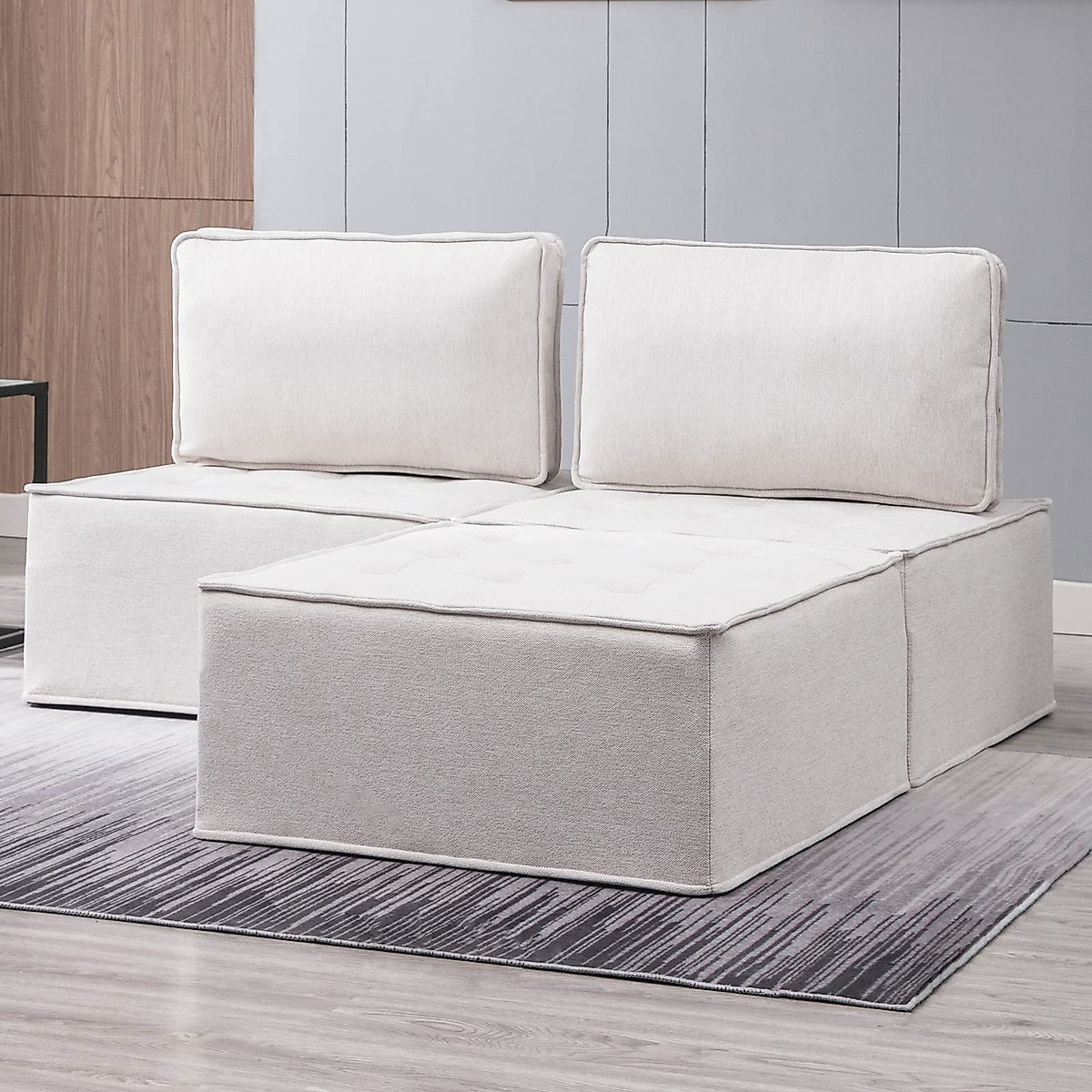 BALUS Modular 3 Seater Sofa Couch, Modern Sectional Sofa Couch, Armless Floor Sofa Couch, Soft Fabric Sofa Bed for Bedroom, Living Room and Sturdy Room, Free Combination, 3 PCS Beige