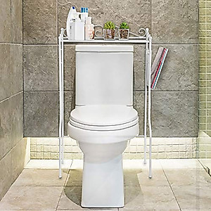 MyGift White Metal Bathroom Over The Toilet Shelf with Magazine Basket, Space Saver Freestanding Storage Organizer Rack