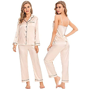 SWOMOG Women's Satin Pajamas 4 Pcs Pajama Set Cami Short Set and Long Sleeve Button Down Pj Sets Champagne