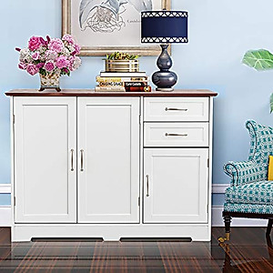 Giantex Buffet Sideboard Storage Credenza Cabinet Console Table Kitchen Dining Room Furniture Organizer, Entryway Cupboard with 2-Door Cabinet and 2 Drawers (White & Vermilion)