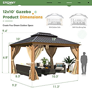 EROMMY 10'x12' Gazebo, Wood Grain Aluminum Frame Canopy with Double Galvanized Steel Hardtop Roof, Outdoor Permanent Metal Pavilion with Curtains and Nettings for Patio, Backyard and Deck