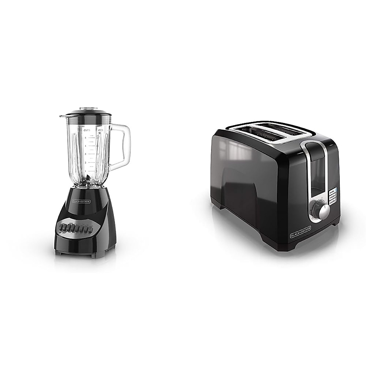 BLACK+DECKER 10-Speed Countertop Blender with 48oz Glass Jar and 4-point Stainless Steel Blade and BLACK+DECKER 2-Slice Extra Wide Slot Toaster