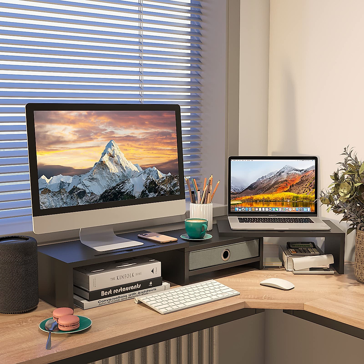 WESTREE Dual Monitor Stand Riser with Drawer, Monitor Stand Riser for 2 Monitors, Adjustable Length and Angle, 2 Solts for Phone & Tablet, Desktop Organizer Stand for Computer/Laptop/PC/Printer