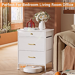 GipGiper Nightstand with 3 Drawers, Night Stand Dresser for Bedroom, Small Dresser with Fabric Bins, Leather Finish, Modern Bedside Table End Side Table for Living Room, Dorm, Closet, Nursery, White