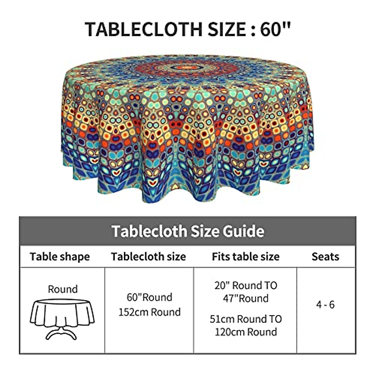 Round Tablecloth 60 Inch,Stain Resistance Polyester Table Cloth,Table Cover for Kitchen Dining Table, Buffet Parties and ​Camping-Mandala