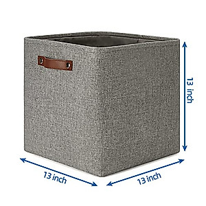 Temary Storage Baskets 13 Inch Fabric Storage Cubes for Shelves Set of 4 Storage Cube Bins for Home, Office, Storage Organizers for Toys with Leather Handles(Grey)