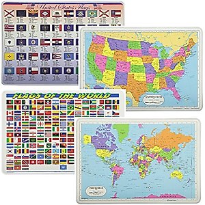 Painless Learning Educational Placemats for Kids USA Map World Map State Flags World Flags Laminated Washable
