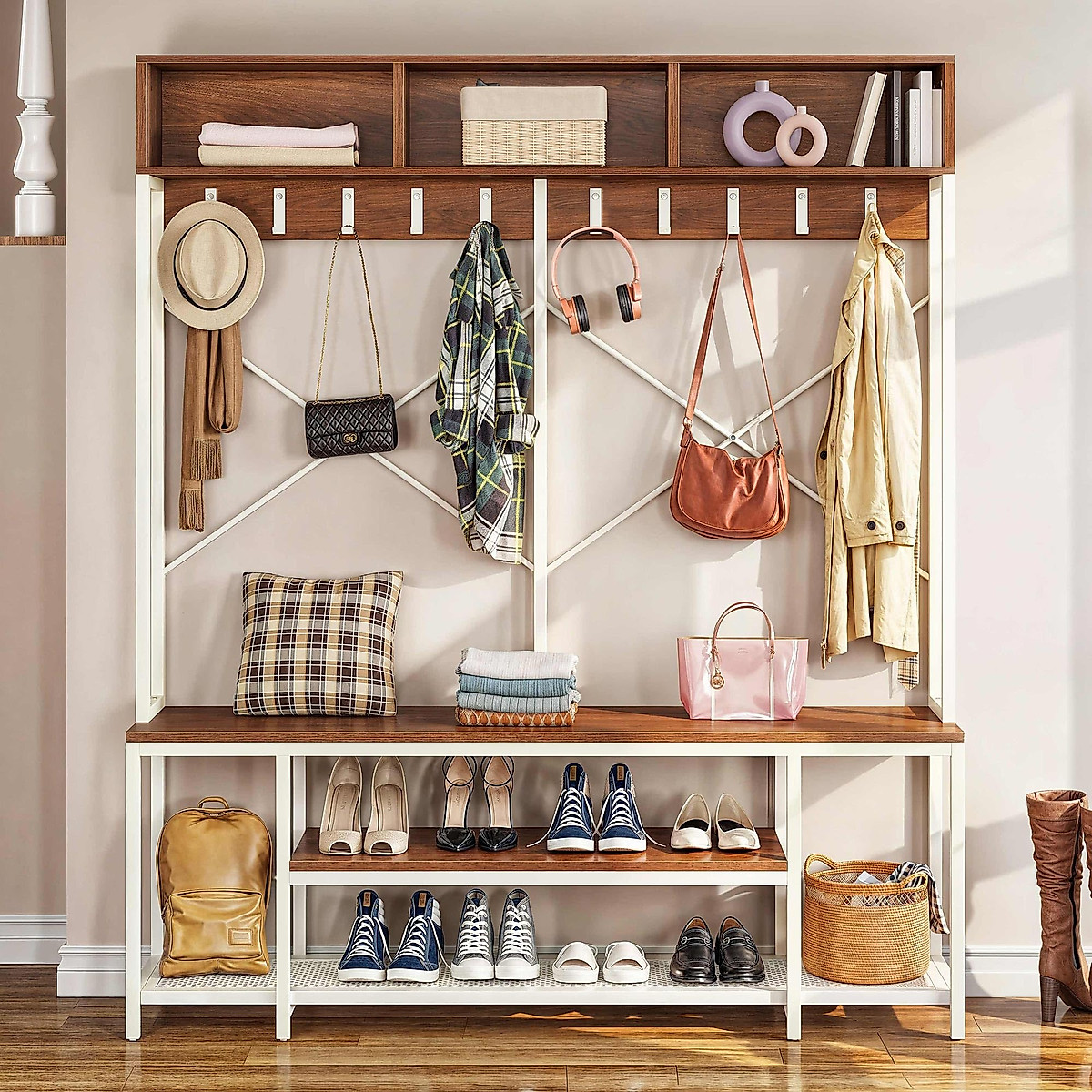 YITAHOME Entryway Bench with Coat Rack, 5-in-1 Hall Tree with Shoes Storage, Industrial Freestanding Coat Rack Shoe Bench with Storage Shelves, 10 Hooks for Hallway, Bedroom, Walnut/White