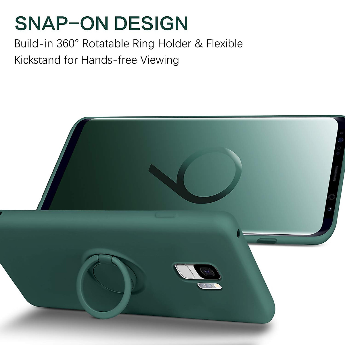 BENTOBEN Samsung Galaxy S9 Case, Slim Silicone | 360° Ring Holder Kickstand | Support Car Mount | Soft Rubber Shockproof Bumper Protective Non-Slip Case for Samsung Galaxy S9 5.8" (2018), Dark Green